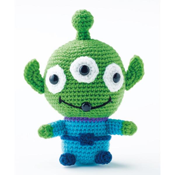 エイリアンの各パーツを、編み図通りに編んでいき各パーツを縫い付けて完成。つながるあみぐるみ手作りキットです。　[出来上がりサイズ]　約13.5cm×10.8cm×7.3cm　[キット内容]　毛糸（黄緑）約14g　毛糸（ターコイズ）約4g　毛...