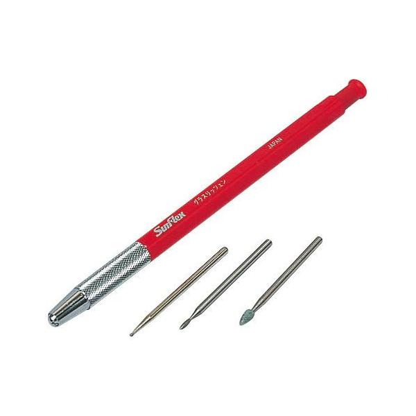 《セット内容》　ホルダー(1）、ダイヤビット（小丸・つぼみ）各1、軸付砥石（1）、説明付　ペンタイプのホルダーにダイヤモンドポイントや軸付砥石を取り付けてガラス彫刻をする用具です。グラスリッツエン（Glasritzen)　透明ガラスにダイヤ...