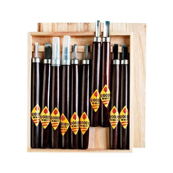 使いやすさで木彫初心者や入門用に。　刃先：刃物鋼付、柄：シラカバ、全長170mm　[セット]　平4.5・平12・平丸7.5・印7.5・丸3・丸6・丸9・三角3・浅丸9・印左7.5（mm） 【爆買】