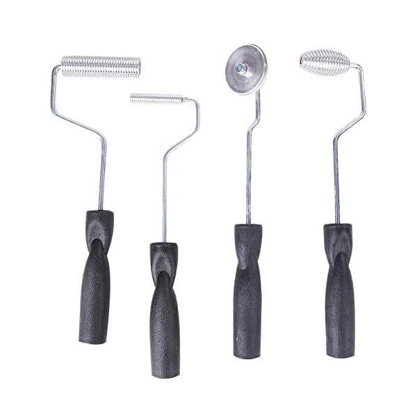 ・FRP脱泡用ローラー4点セット。FRP樹脂を塗布した際に生じる気泡を脱泡するのに使用します。・複雑な形状のFRP成型品や狭い部分、細かい部分の脱泡用に最適です。凹凸のある握りやすいグリップで、力がローラーにしっかり伝わります。・平面にはス...