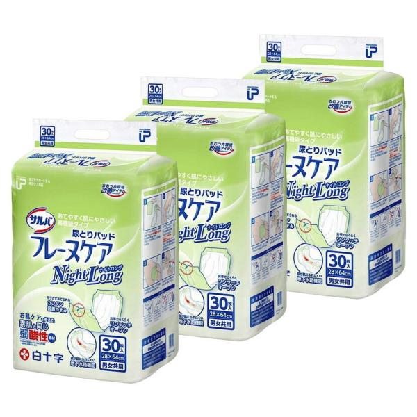 メーカ ー白十字商品 フレーヌケア　ナイトロング３０枚×３袋入全国の医療機関、福祉施設採用商品白十字の尿漏れパッドです。男女共用。素肌と同じ弱酸性素材なのでカブレにくく、肌にやさしいです。尿が肌に触れにくい地下水路機能で清潔な環境を保ちます...