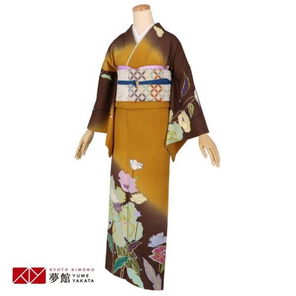 金茶色にこげ茶色暈しの落ち着いた地色に、大輪の芥子の花描いた訪問着です。 【 ブランド 】-【 着物寸法 】身丈162cm / 袖丈49cm / 裄丈66cm【 対応身長 】155〜159cm【 対応サイズ 】標準サイズ：バスト92cmまで...