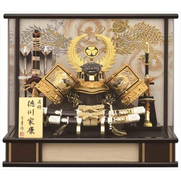 サイズ：間口43×奥行28×高さ38(cm)天下人・徳川家康公にあやかって、お子様がすこやかに大きく成長しますように、という願いが込められた一式です。徳川兜の特徴である、獅子噛と歯朶の葉の前立て、葵紋が印象的ですね。 ケースの背景と兜の吹返...