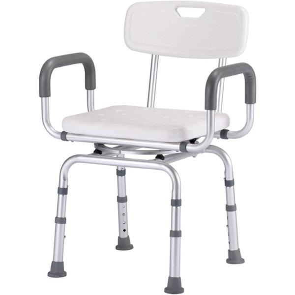 「360°回転座面」座面は90度ずつ360度回転可能で方向転換に便利なシャワーチェア。「高さ4段階調節」ボールボダンを押しながら、調節パイプをスライドしてチェアの足に空けられた穴に合わせて高さを調整。座る人に合わせて簡単に高さを変えることが...