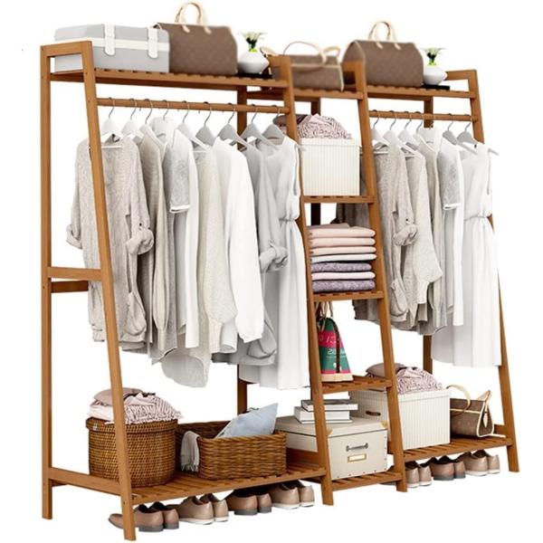100％ 竹：頑丈な衣料品衣服ラックは、高山の竹製、耐久性、滑らかで防水です。ファイン竹のテクスチャはあなたに優雅なディスプレイを追加します屋内屋外装飾。バンボー吊り下げ衣服ラックを家の清浄機として使用することができます。 安定梯子構造：ラ...