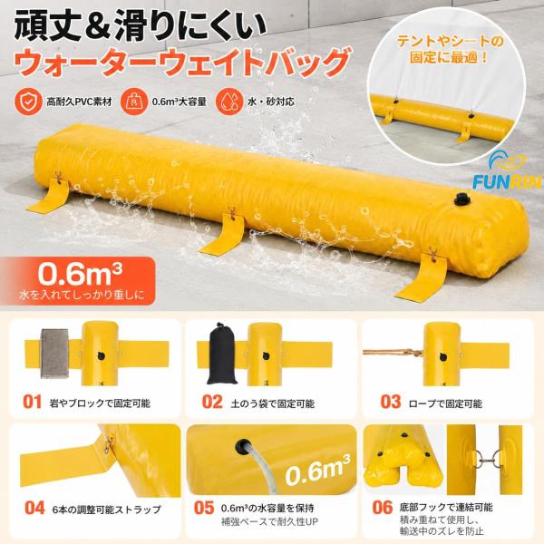 【注水してしっかり固定】バルブ部分からホースで水を入れるだけで設置可能。水の重さで本体が安定し、玄関やシャッター前などの水の通り道をしっかりガードします。固定用シート付きで、ロープ・ブロック・砂袋などを使った補助固定にも対応します【排水・折...