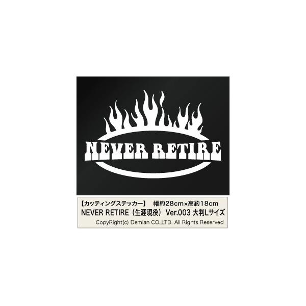 【NEVER RETIRE（生涯現役） Ver.003 カッティングステッカー 大判Lサイズ 2枚組 幅約28cm×高約18cm】直訳すると「決して引退しない」つまり生涯現役でいたいという意味の言葉です。 シートの材質は屋外看板用に使用され...