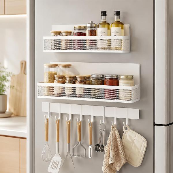 【工具不要のワンタッチ設置】背面に大型の強力マグネットを採用。壁に穴を開ける必要がなく、平らな金属面にピタッと貼り付けるだけで設置完了です。【充実の豪華3点セット】スパイスラック（大・小）と、キッチンツールを吊るせる8連フックプレートの3点...