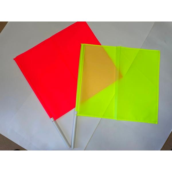 蛍光赤黄旗　サイズ45×50cm　旗棒（60ｃｍ）パッカー止め　素材が違います　国産最強の蛍光国産ポリエステル100％　ワッシャー・コーテング加工東洋紡の高強力糸カチオン糸を使用　引裂き強度はすごいアクリルのコーティングで移行昇華しない耐光...