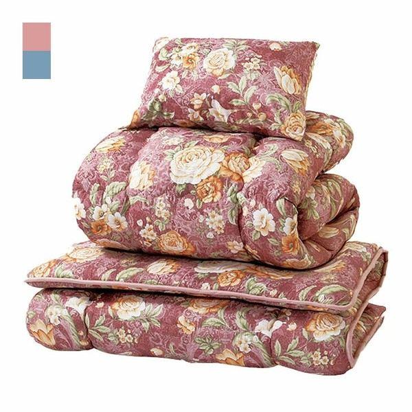 防ダニ・抗菌防臭加工のふっくらボリュームタイプの組布団。掛布団、敷布団、枕、枕カバー(同柄)、掛布団カバー(白)、敷布団シーツ(白)、枕カバー(白)●サイズ：[掛布団](約)幅150×長さ200cm、[敷布団](約)幅100×長さ200cm...