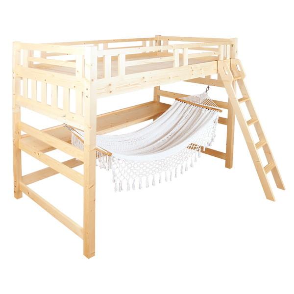 天然木ハンモック付きハイベッド[サイズ] 全体：幅107.4×長さ211.6×高さ179cm内寸：・床面：幅99.6×長さ200cm / ・床面高：146cm / ・床面下：136cm(床からサイドフレームまで) / ・棚：幅205×奥行3...