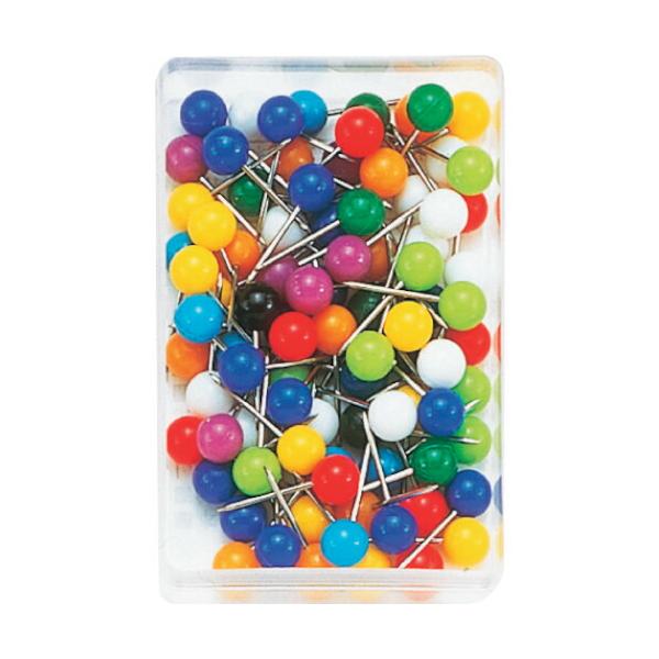 特長●直径5ミリの丸型画鋲です。●地図などのポイント表示に便利です。仕様●色：黒・青・緑・水・黄緑・橙・赤・紫・白・黄の10色アソート●寸法(mm)：頭径Φ5mm、針長10●包装：収納便利なPSケース入り●入数：約85本材質●PS樹脂、鋼線...