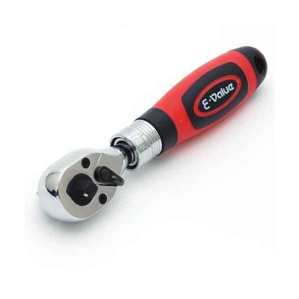 ●伸縮可能なラチェットハンドルです。●175mm〜215mmで3段伸縮できます。●差込角6.35mm（/4インチ）と9.5mm（3/8インチ）対応のラチェットハンドルです。●樹脂グリップ付です。●用途： 差込角1/4と3/8のソケットを組み...