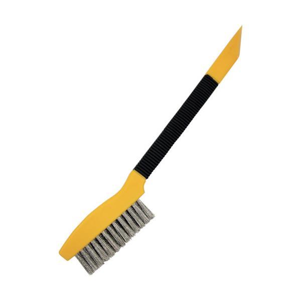 特長●すべりにくいエラストマー加工です。●柄の先端がスクレーパー状になっています。用途●研削、研磨用。仕様●毛材：ステンレス●行数(行)：3●線径(mm)：0.19●植付(mm)：55●毛丈(mm)：15●全長(mm)：225●3行直型材質...