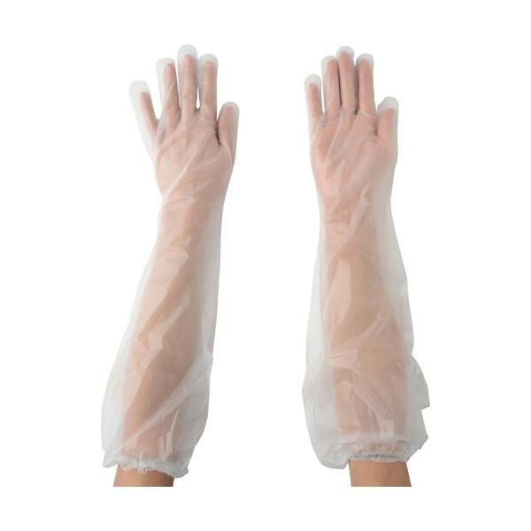 特長●全長60ｃｍなので、肘の上まで濡れずに作業が出来ます。●外エンボス加工で、すべりを防止します。用途●食品加工・清掃作業に。仕様●色：クリア●サイズ：フリー●全長(cm)：60.0●手のひら周り(cm)：27.0●中指長さ(cm)：8....