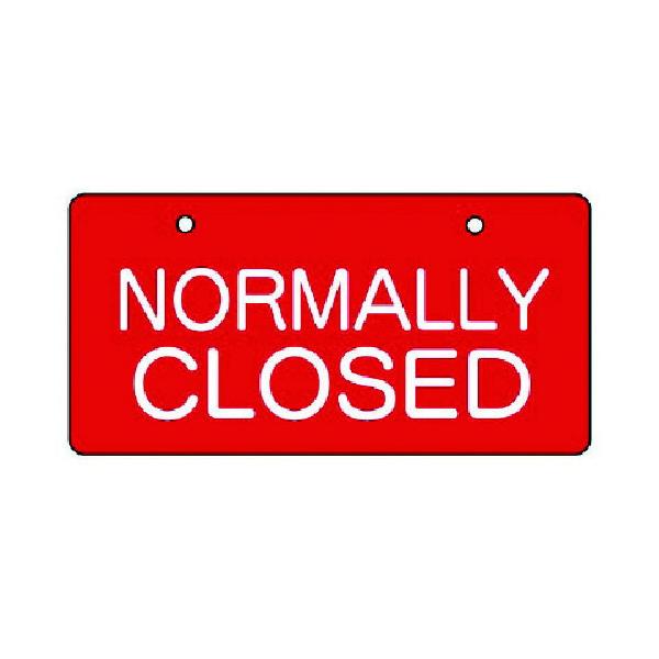 特長●裏面に系統名称等の表示ができます。仕様●表示内容：NORMALLY CLOSED・赤地(白文字)●縦(mm)：60●横(mm)：120●厚さ(mm)：2●摘要：4mmФ穴上2●5枚1組●片面表示●ヨコ型材質●エコユニボード質量・質量単...