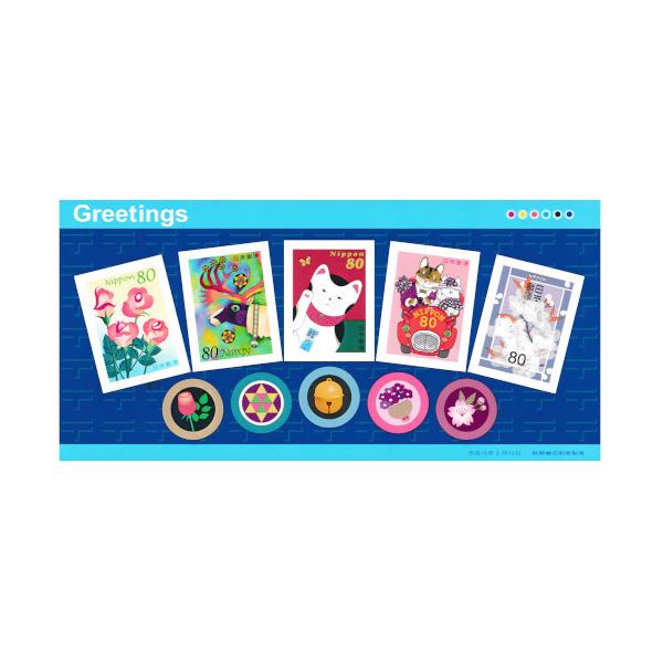 ◆グリーティング (シール式) 青いシート 平成15年(2003) 80円切手 5種シート発行日：平成15年(2003)2月10日額面：80円切手×5枚状態：未使用／経年による多少のよれ等があります。※画像はサンプルです。画像と同程度の商品...