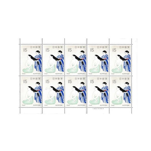 ◆切手趣味週間 「髪(小林古径)」 昭和44年(1969) 15円切手 10枚シート発行日：昭和44年(1969)4月20日額面：15円×10枚意匠：髪(小林古径)状態：未使用／経年による多少の黄ばみやシミ、少々の丸まり等があります。※画像...