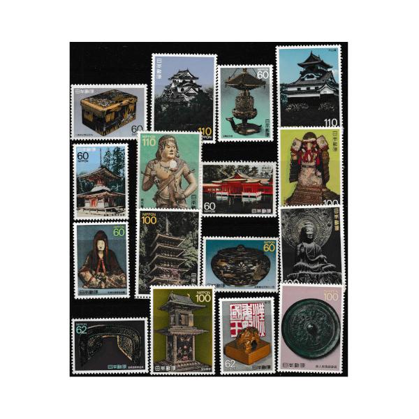 ◆第2次国宝シリーズ　16種完発行日：昭和62〜平成元年(1987〜1989)種類：60円×6枚 / 62円×2枚 / 100円×5枚 / 110円×3枚(額面合計1314円)意匠：国宝状態：未使用／経年による多少のヨレ・シミ等があります。...