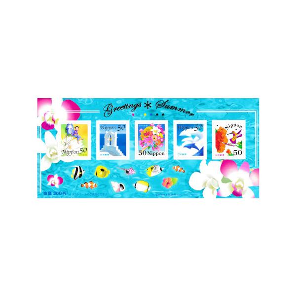 ◆グリーティング切手 夏のグリーティング (シール式) 平成18年(2006) 50円切手 5種シート発行日：平成18年(2006)6月30日額面：50円切手×5枚意匠：月下美人／教会／ブーケ／イルカ／ハイビスカス状態：未使用／経年による多...