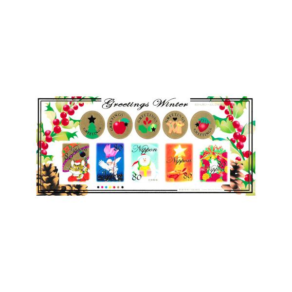 ◆グリーティング切手 冬のグリーティング (松ぼっくり) (シール式) 平成18年(2006) 80円切手 5種シート発行日：平成18年(2006)11月24日(金)額面：80円切手×5枚意匠：猫サンタ／シクラメン／雪だるま／トナカイ／リー...