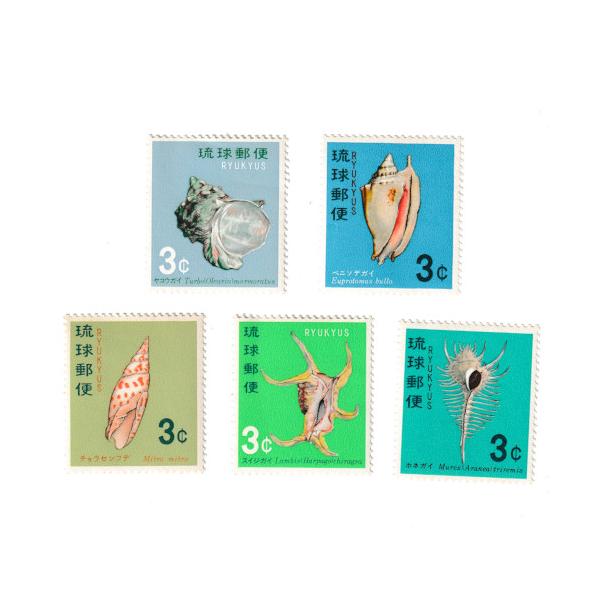 ◆琉球切手 貝シリーズ 5種完 昭和42・43年(1967・1968)・チョウセンフデ 3¢　発行：昭和42年7月20日・ホネガイ 3¢　発行：昭和42年8月30日・スイジガイ 3¢　発行：昭和43年1月18日・ヤコウガイ 3¢　発行：昭和...