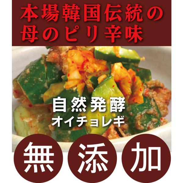 ○品名：オイチョレギ　（きゅうりキムチ）○内容量:300ｇ×２個○原材料名：きゅうり、にんじん、唐辛子、にんにく、生姜、、大根、ごま、ニラ、食塩、いわしの塩辛、りんご、アミの塩辛〇賞味期限は冷蔵保存で約７日前後○保存方法：要冷蔵（0℃〜6℃...