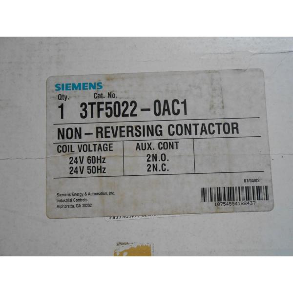 SIEMENS 3TF5022-0AC1  NON-REVERSING CONTACTOR 24VAC Coil 100HP 480VSiemens 3TF5022-0AC1非反転コンタクタ24VACコイル100HP 480V