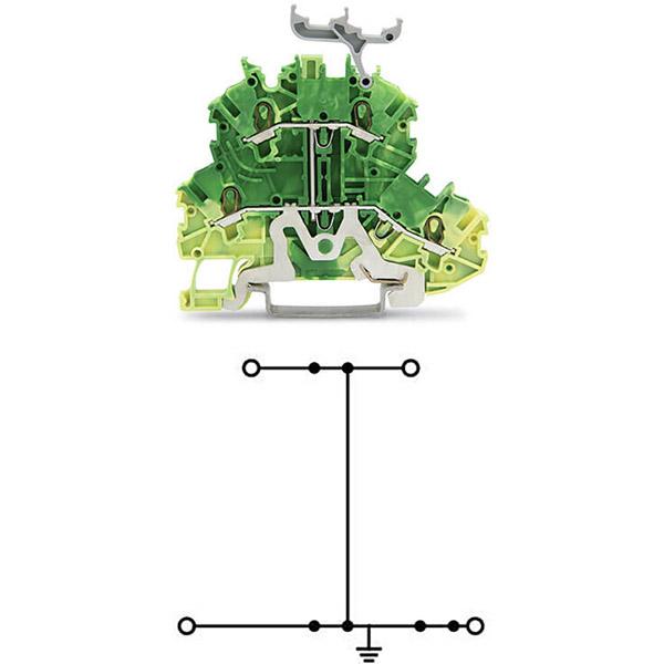 Ground/earthing terminal block with marker carrier + 2-decks/levels (double-deck) + internal commoning - with PE" markin...