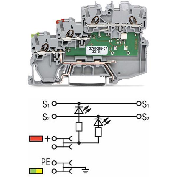 Act. suppl. terminal block with 3-decks/levels (triple-deck) + yellow LED (24Vdc) + ground contact - for NPN-(low-side) ...