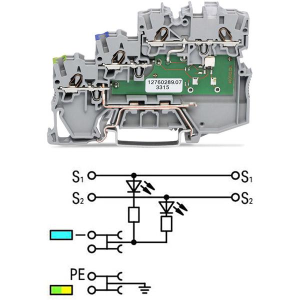 Act. suppl. terminal block with 3-decks/levels (triple-deck) + yellow LED (24Vdc) + ground contact - for PNP-(high-side)...