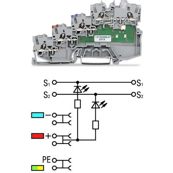 Sensr. terminal block with 4-decks/levels (quadruple-deck) + yellow LED (24Vdc) - for NPN-(low-side) switching sensr. - ...