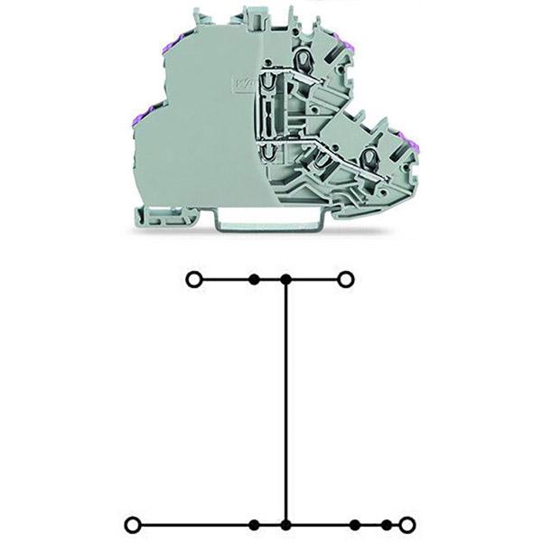 Feed-through/thru terminal block with 2-decks/levels (double-deck) + internal commoning + built-in end plate (terminal i...