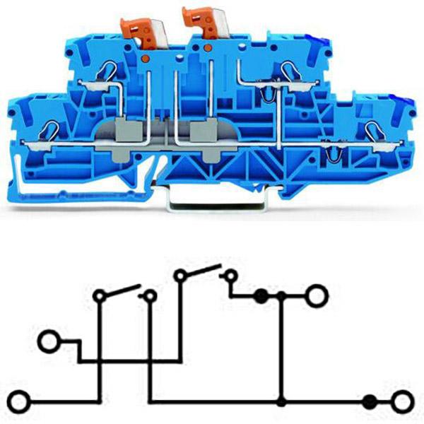 Neutral-through terminal block with 2-decks/levels (double-deck) + 2 knife-disconnect / double-disconnect + internal com...