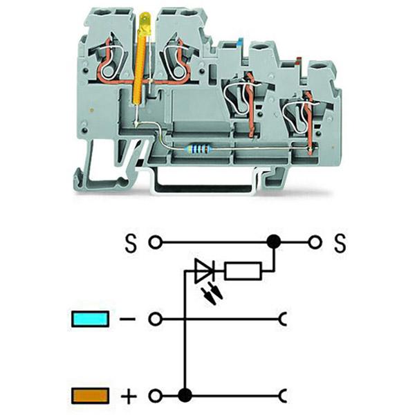 Sensr. terminal block with 3-decks/levels (triple-deck) + yellow LED (24Vdc) - for NPN-(low-side) switching sensr. - Wag...