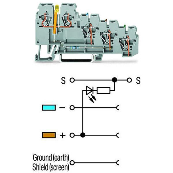 Sensr. terminal block with 4-decks/levels (quadruple-deck) + yellow LED (24Vdc) - for NPN-(low-side) switching sensr. - ...