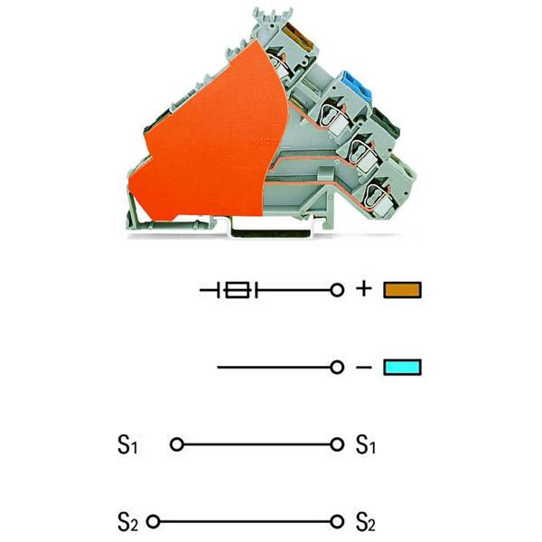 Sensr. terminal block with 4-decks/levels (quadruple-deck) + pluggable-disconnect + built-in orange end plate (terminal ...