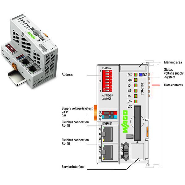Programmable Logic Controller (PLC) CPU unit - Eco version - Wago (750 PFC100 series) - PFC100; 2ETH; Eco - Cortex A8 60...