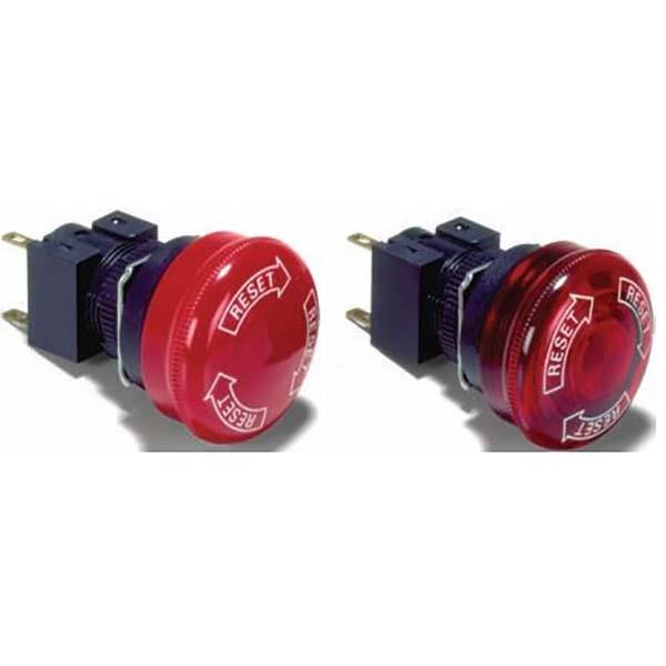 Completely assembled emergency stop (E-Stop) push-button with direct opening mechanism - latched/stay-put (push-lock and...