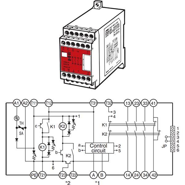 Safety relay for emerg. stop unit with 1 or 2 input channel + PNP common input - 3-pole model - PL.e / Cat4 - OMRON / ST...