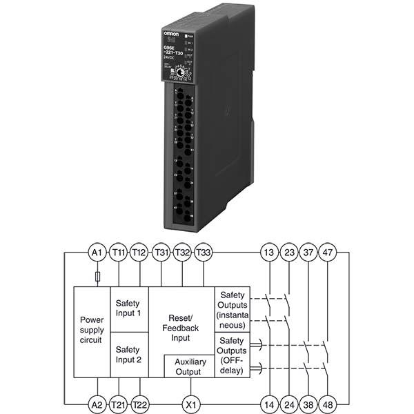 Complete safety relay compact unit with status indicator + 2 OFF-delay outputs - PL.e / Cat4 - OMRON / STi (G9SE series)...