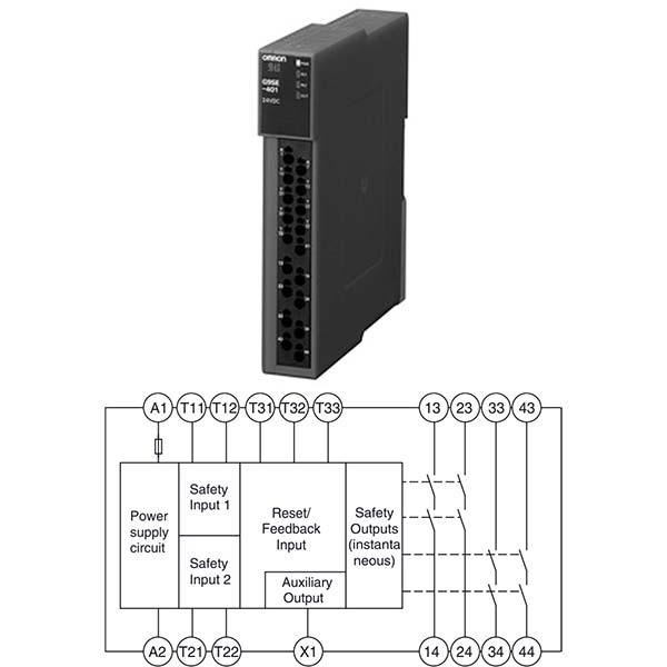 Complete safety relay compact unit with status indicator - PL.e / Cat4 - OMRON / STi (G9SE series) - with 1 x safety inp...