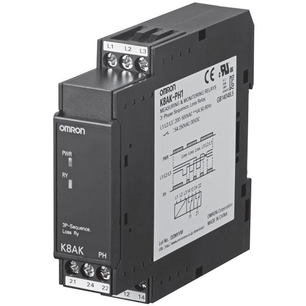 Motor monitoring phase-sequence / phase-loss protection relay - OMRON (K8AK-PH series) - screw connections - automatic r...