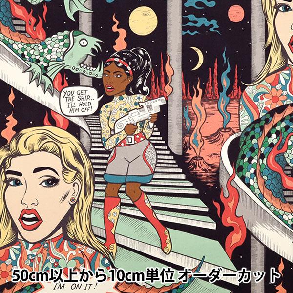 USAコットン THE ALEXANDER HENRY FABRICSの復刻生地です。大きく描かれた女性とドラゴンのような生き物のいる不思議な世界、インパクトのある柄!針通りがよく縫いやすい厚さのシャーティング生地。大きめの柄を生かして、大...