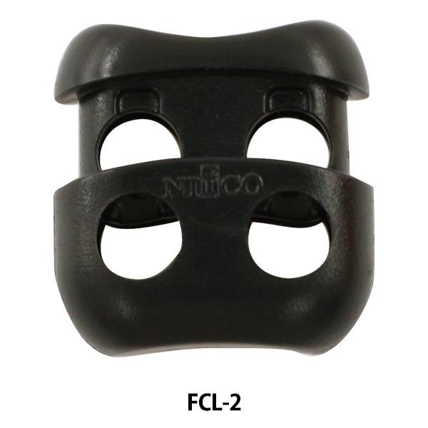 バックル『ニフコパーツ FCL-2』 ニフコプラスチックパーツ 2穴2本用コードストッパー 黒 直径約3mm用 形状凹みありφ3mmゴム紐 2穴2本向けの金属バネコードロックです。ボタンの天面とケースの底面に緩やかな凹みをつけることで指での...