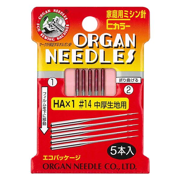 ミシン針 『家庭用ミシン針 Eカラー #14 中厚生地用 HAE14』 ORGAN NEEDLES オルガン針中厚生地用ミシン針です。ウール織物、ギャバジン、サージ等に適しています。[手芸道具 手芸用品 ソーイング]◆入数:5本入り※特価と...