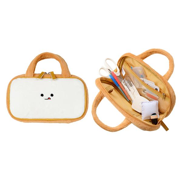 食パンに小さなお顔のついた、ファスナーバッグタイプ。サイドストッパーがついた中のものがこぼれにくいバッグです。持ち手があるので、持ち運びに便利です。お子さまの学校用から大人まで幅広くお使いいただける、飽きのこないデザイン。20cmの裁ちばさ...