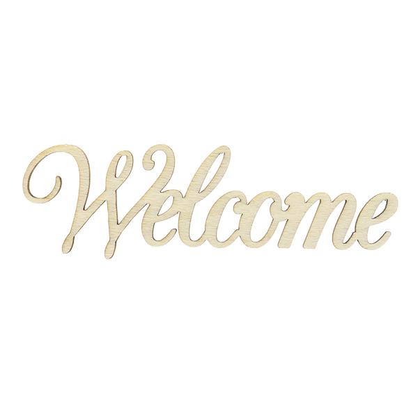 トールペイント用の白木です。土台につけたり、ペイントや飾りなどを付けて、お使い下さい。玄関や入口、受付などに使いやすい「Welcome」のカット文字です。[クラフト プレート 明朝体]◆サイズ(約):3.5cm×11.3cm◆厚み(約):2...