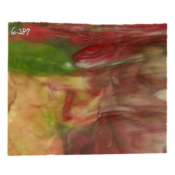 不透明や半透明の多数の色がマーブル状に混ざり合ったテクスチャーのない板ガラスです。ティファニーガラスの再現を目指して作られたメーカーのガラス。現在は、ヤカゲニー社でヤカゲニー・ウロボロスとして製造されています。ガラスの美しさはもちろんのこと...