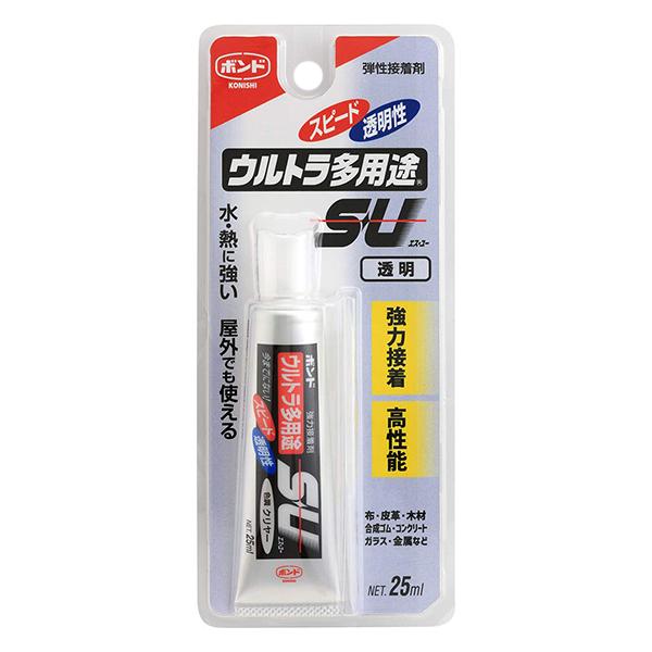 接着剤 『ボンド ウルトラ多用途SU クリヤー 25ml #04592』 コニシ KONISHI ボンド屋内、屋外、凹凸面、水回りでの接着と補修に。【特長】●透明、高機能、耐衝撃、弾力性、超速硬化(初期スピード接着に優れる)、用途広い、無溶...